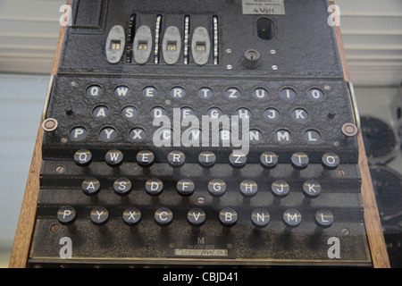 Overhead view of a captured Enigma machine on display in Bletchley Park ...