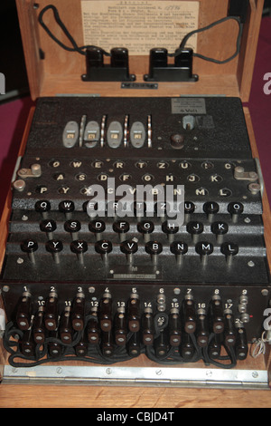 Overhead view of a captured Enigma machine on display in Bletchley Park ...