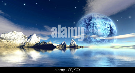 3D widescreen render of a surreal landscape with moon at night Stock ...