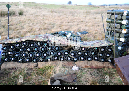 British Army 81mm mortar rounds in their containers stacked Stock Photo ...
