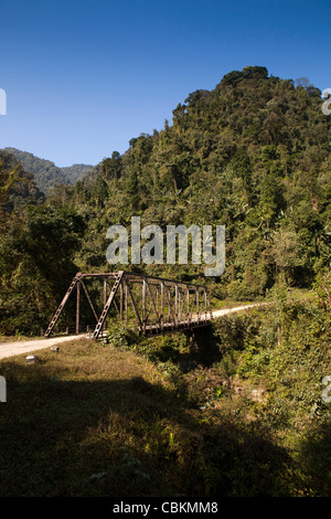 India, Arunachal Pradesh, Pasighat, old, metal bridge crossing ...