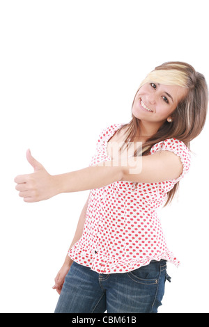 beautiful young woman making ok or approval symbol with hand with blue ...