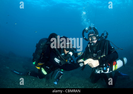 Rebreather Divers practising exercises, Ischia, Mediterranean Sea ...