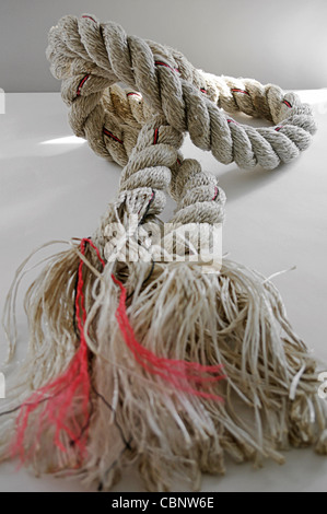 Neatly twisted multi-ply rope coming apart into a disorganized tangle ...