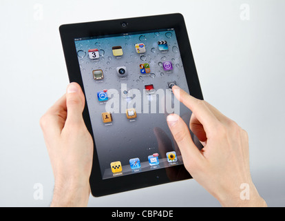 A man pointing at a web of message icons Stock Photo - Alamy