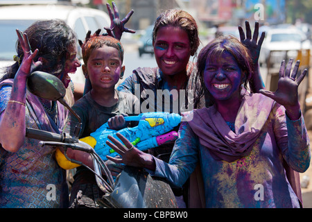 Painted hands of people at the Holi Hindu festival of Color in India ...