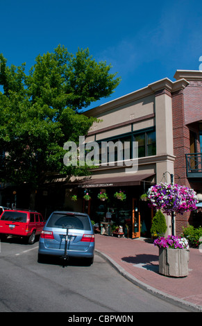 Bend, Oregon downtown city center on Bond Street with cafes and Wall ...