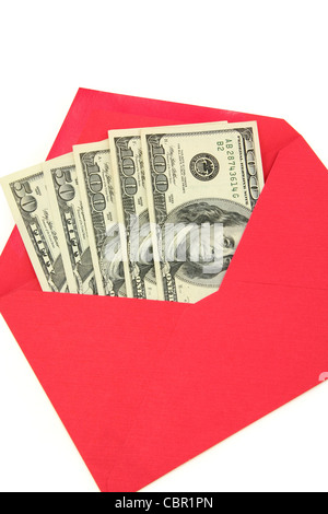 Red paper envelope with money dollars bills. Flat lay of gray working ...