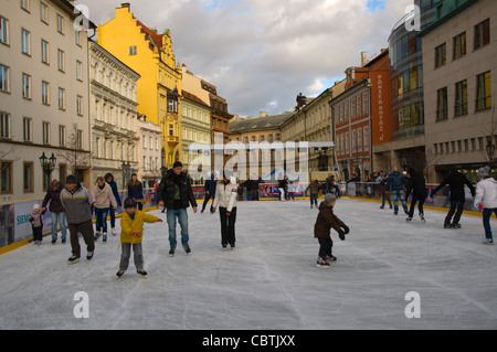 Ice skating rink at Ovocny trh square old town Prague Czech Republic ...
