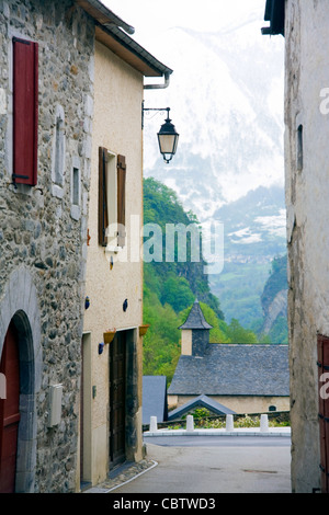 Small streets of the French town of Borce with the slopes of the ...
