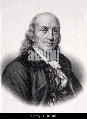 Portrait of American founding father Benjamin Franklin in fur cap ...