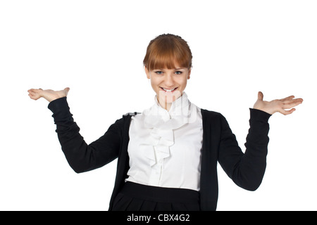 Female holding something isolated posing woman Stock Photo - Alamy