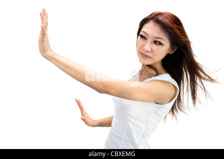 Woman pushing against something (whatever you want to add Stock Photo ...