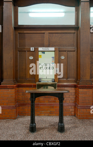 Empty ticket booking office windows in Manchester Victoria Rail Railway ...