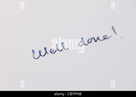 The words "well done" handwritten in ink with fountain pen in ...