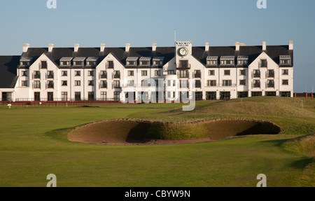 View of Carnoustie Golf Course Hotel behind 18th Green with Barry Burn ...