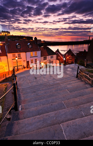 View to Whitby Harbour at sunset from the 199 steps leading from The ...