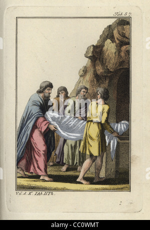 The shrouded body of Jesus Christ being carried into the tomb ...
