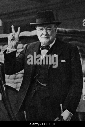 British wartime leader Winston Churchill with his famous V for victory ...