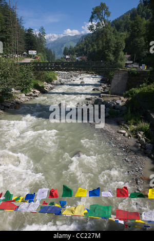 Prayer flag over a river, Manali, Himachal Pradesh, India Stock Photo ...