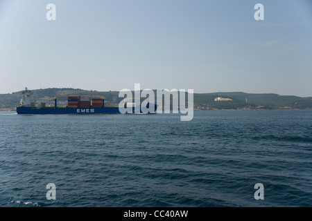 Kilid Bahr Fort Gallipoli and a container ship on the Dardanelles from ...