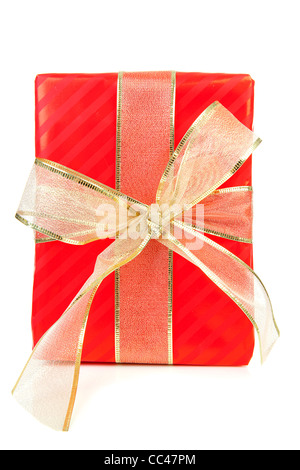 Big red present with golden ribbon over white background Stock Photo ...