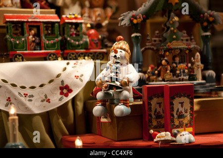 Christmas wooden train toys with snowman and friends and gift box in ...