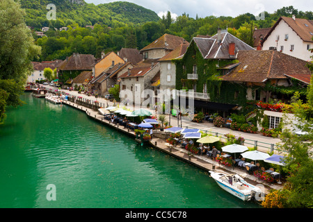 France, Savoie, Chanaz, village, boats and the bridge over the Savieres ...