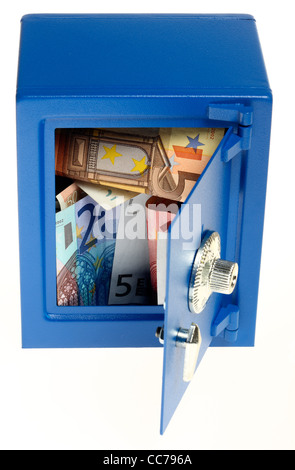 Small blue toy safe with a combination lock, for use as a piggy bank ...