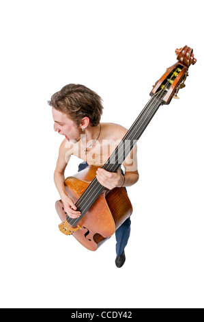 Bass viol player isolated on white background Stock Photo - Alamy