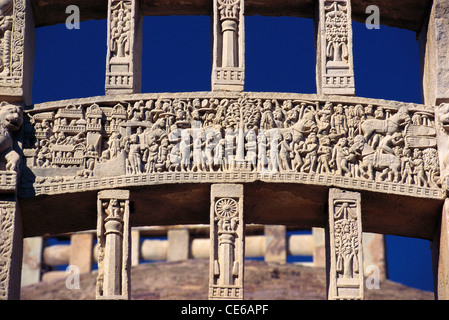 Carved stories of King Ashoka on gate of Sanchi stupa ; Madhya Pradesh ...