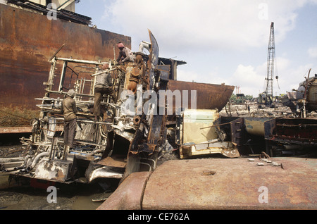 Indian workers working at Alang ship breaking yard ; Alang ; Bhavnagar ; Gujarat ; India ; Asia ...