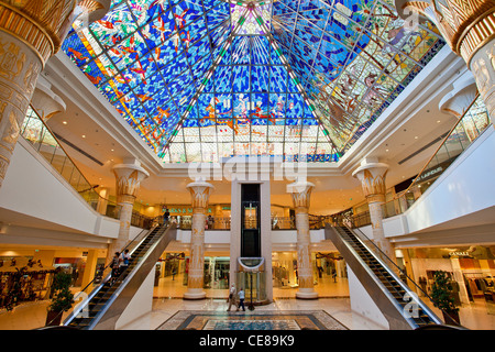 Dubai Wafi shopping mall interior with Egyptian pyramid style stained ...
