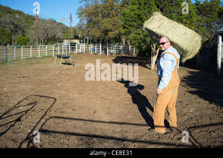 Cowboy carrying Bale Hay Stock Photo - Alamy