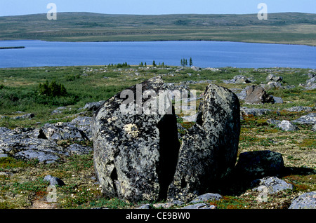 split boulder on tundra in the Northwest Territories, Canada Stock ...