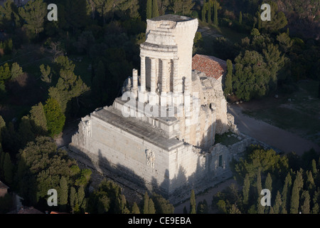 Aerial view of the Tropaeum Alpium monument, an ancient Roman monument ...