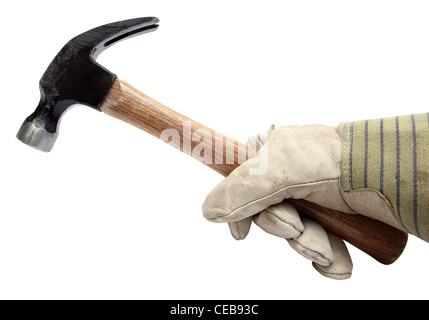 Hand with protection glove holding hammer Stock Photo - Alamy