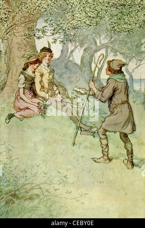 Silvius, a shepherd in Shakespeare's As You Like It, is handing a ...