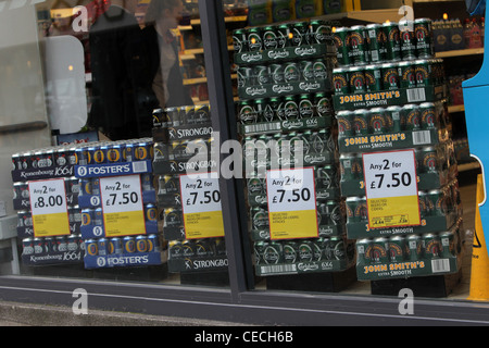 Selection of cut-price beer in a Tesco shop window in Brighton, East ...