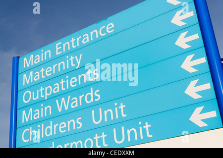 Sign at a hospital for maternity, outpatients, main wards, childrens ...