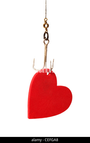 Red fishing hook love heart sign with grayling fish isolated on a white ...