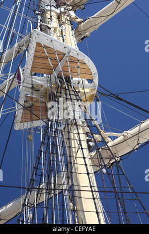 Nautical tackles and equipment of the old tall ship. Rigging ropes and ...