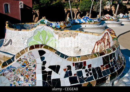 Mosaic work by Antoni Gaudi on shape of the serpentine bench at Parc ...
