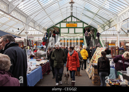 Tynemouth market with its glass roof & with stalls selling arts and ...
