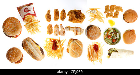 Nutrition. Compilation, composing different fast food dishes. Hot dog ...