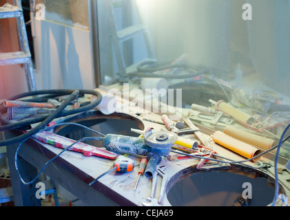 home improvement repair messy clutter with dusted tools handtools Stock ...