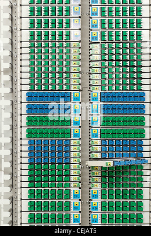 fiber optic cable management system with green and blue SC connectors ...