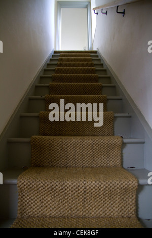 A rustic staircase with a sisal runner carpet in an old-fashioned ...