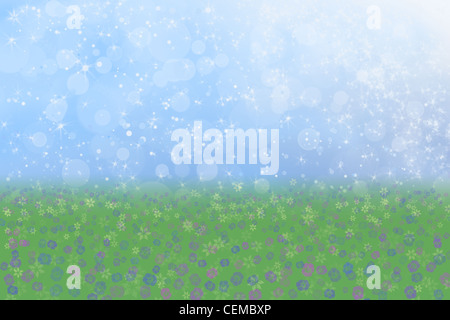 Pretty Spring Background with Blue Sparkly Sky Meadow Grass and Flowers ...