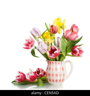 tulip flowers bouquet in vase on wooden background Stock Photo - Alamy